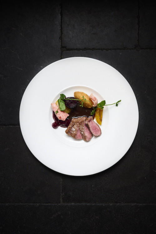 Kalfshaas met structuren van rode biet, gele biet en veenbessen